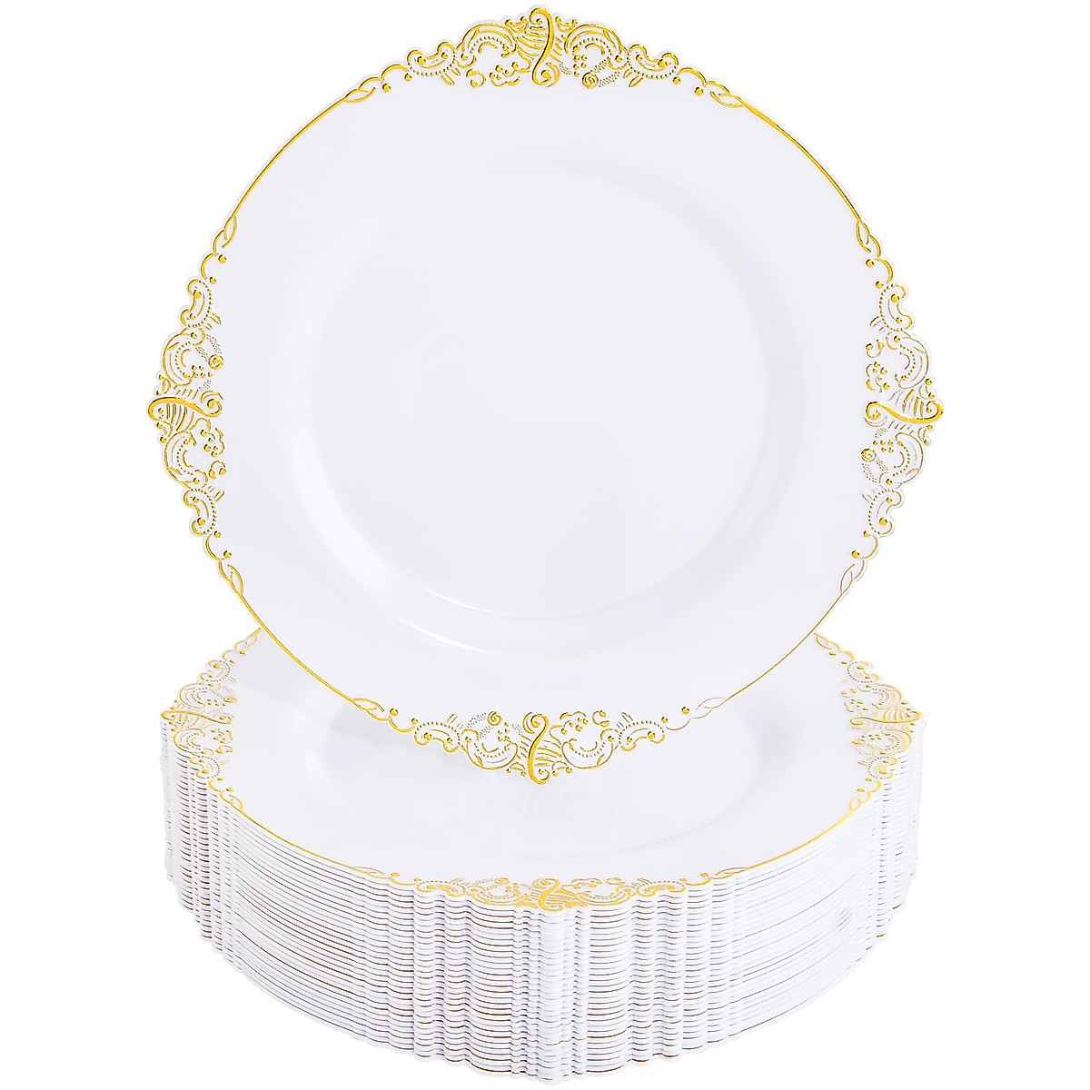 Nervure 100PCS White and Gold Plastic Plates - 7.5inch Gold Disposable Plates - Heavyweight Gold Plastic Plates - Gold Dessert Plates for Wedding & Party & Christmas