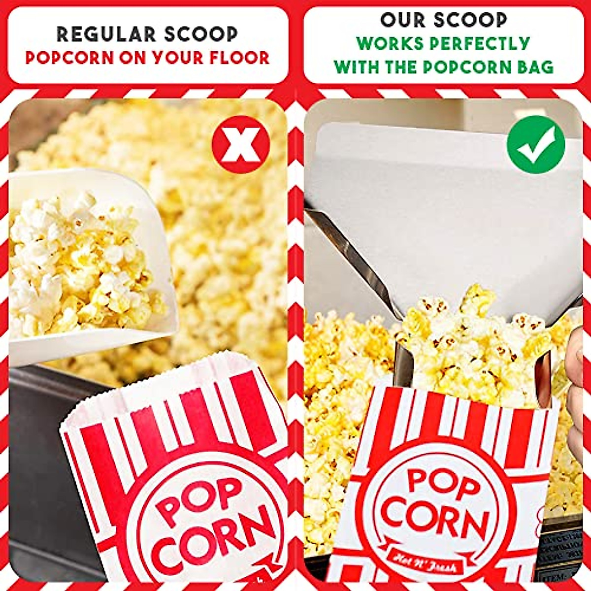 Popcorn Scoop Stainless Steel Commercial French Fry Bagger, 2 Handle Detachable Food Service Scooper for Snacks, Desserts, Ice, & Dry Goods with Reusable Popcorn Containers Bundle