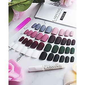 LADYING Matte Short Acrylic False Nails for Women, Stick Glue on/ Press on Nails Set with Glue Nail File, Nail Art Salon Ballerina French Fake Tips, 8 Packs (192 PCS)