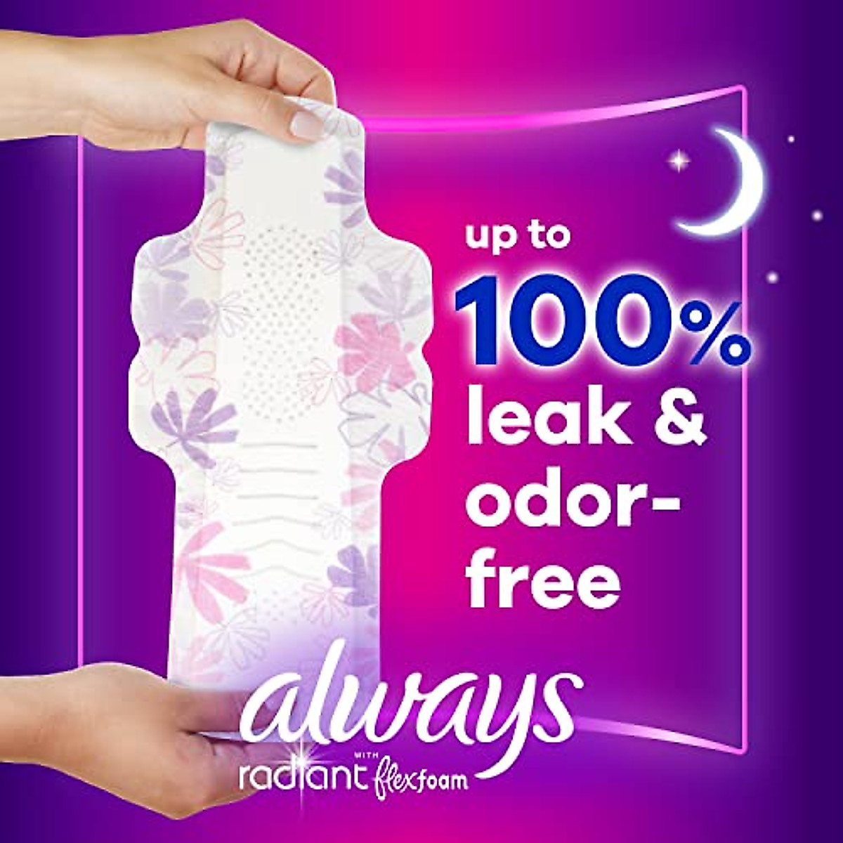 Always Radiant Feminine Pads For Women, Size 5 Extra Heavy Overnight Absorbency, Multipack, With Flexfoam, With Wings, Scented, 18 Count x 3 Packs (54 Count total)