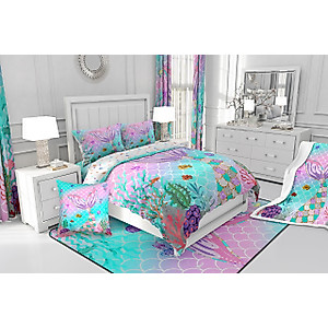 Erosebridal Twin Comforter Set for Girls, Mermaid Twin Bedding Sets for Girls Kids Toddler Ocean Fish Scales Quilt Rainbow Bedding Coastal Nautical Sea Animal Duvet Insert Teal Pastel Pink Room Decor