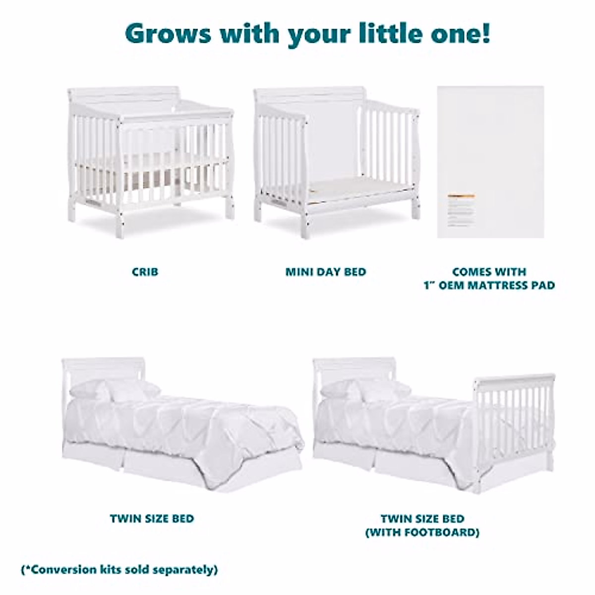 Dream On Me Aden 4-in-1 Convertible Mini Crib In White, Greenguard Gold Certified, Non-Toxic Finish, New Zealand Pinewood, With 3 Mattress Height Settings