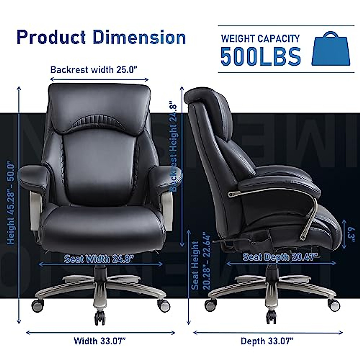 COLAMY Big and Tall Office 500lbs-Heavy Duty Ergonomic Computer Extra Wide Seat, High Back Executive Large Desk Chair with Thick Bonded Leather and Tilt Rock, Adjustable Lumbar Support-Black
