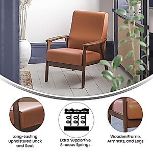 Flash Furniture Langston Commercial Mid Century Modern Chair - Cognac LeatherSoft Upholstery - Walnut Finish Wooden Frame and Arms - Extra Supportive Sinuous Springs