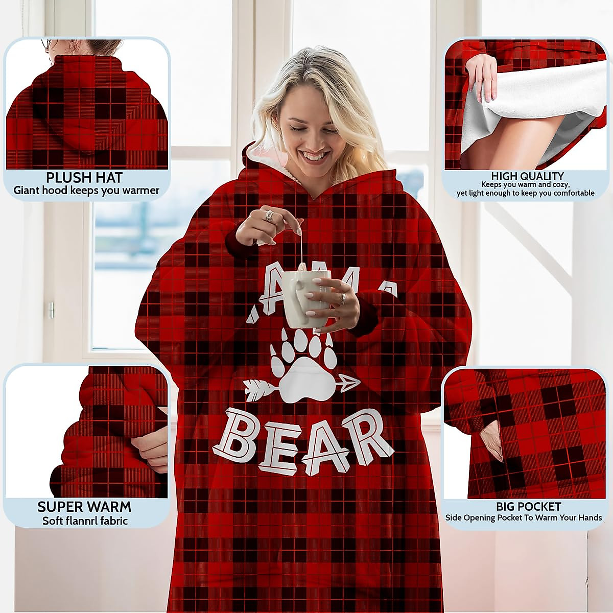 Warmstorey Mama Bear Wearable Blanket Hoodie, Buffalo Plaid Mama Bear Hooded Blanket for Mom, Christmas Gifts for Mom, Wife From Daughter, Son, Husband, Happy Birthday Mom Gift, Birthday Gift for Wife