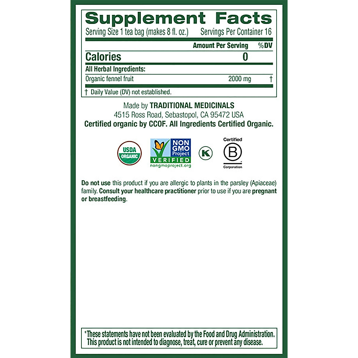 Traditional Medicinals Organic Fennel Herbal Tea, Promotes Digestive Health, (Pack of 2) 32 Tea Bags Total