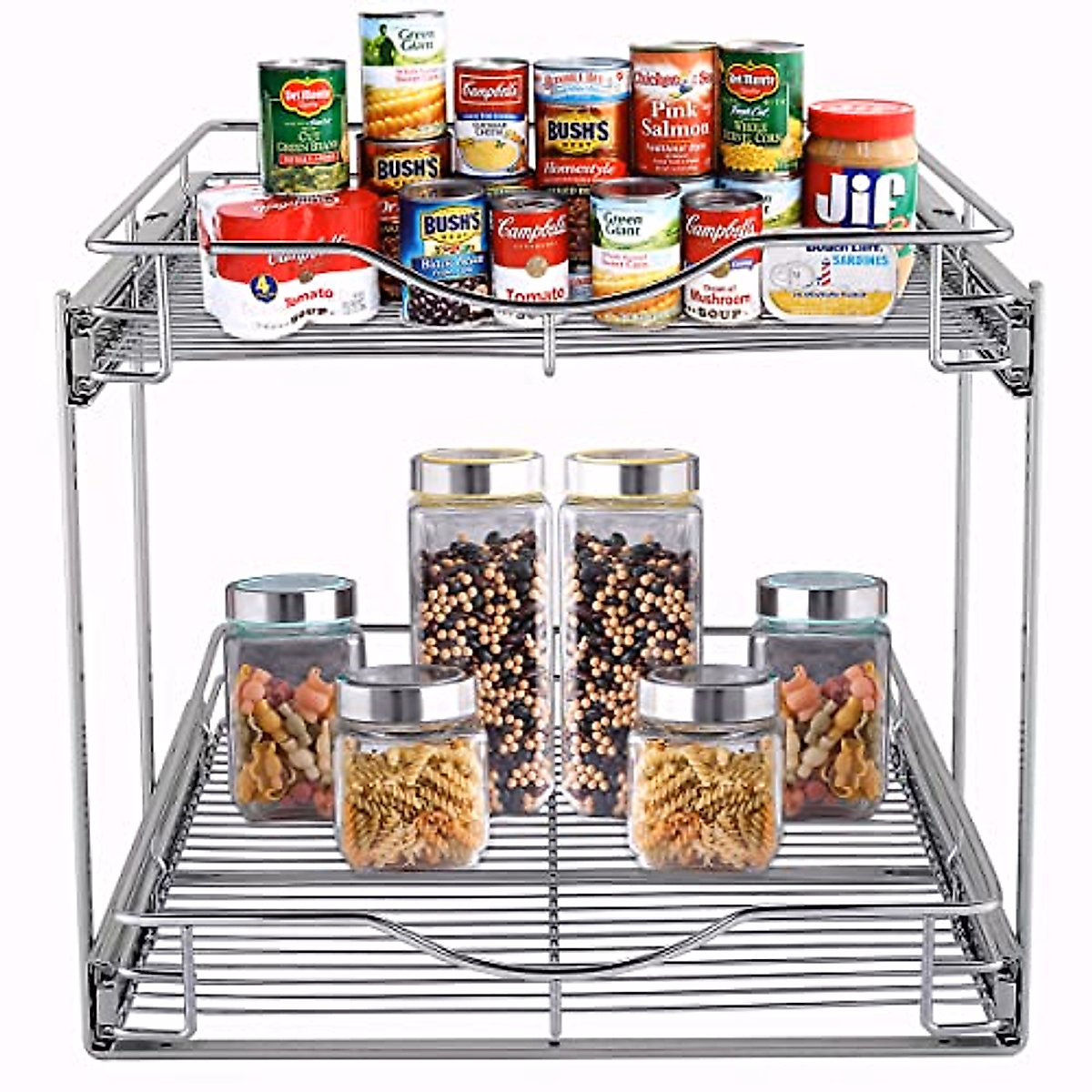 DINDON Pull Out Cabinet Organizer (14" W X 21" D), Cabinet Pull Out Shelves, 2 Tier Pull Out Drawers for Kitchen Cabinets, Double Tier Wire Basket Slide Out Shelf for Base Cabinet Organization ​in Kitchen, Pantry, Bathroom, Chrome