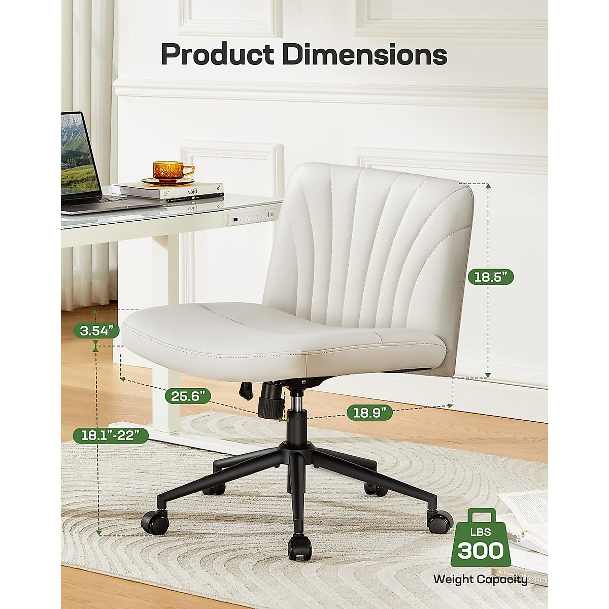 Marsail Criss Cross Chair with Wheels: PU Leather Cross Legged Office Chair Wide Armless Desk Chair Swivel Height Adjustable Vanity Chair for Make Up,Small Space,Bed Room(Beige)