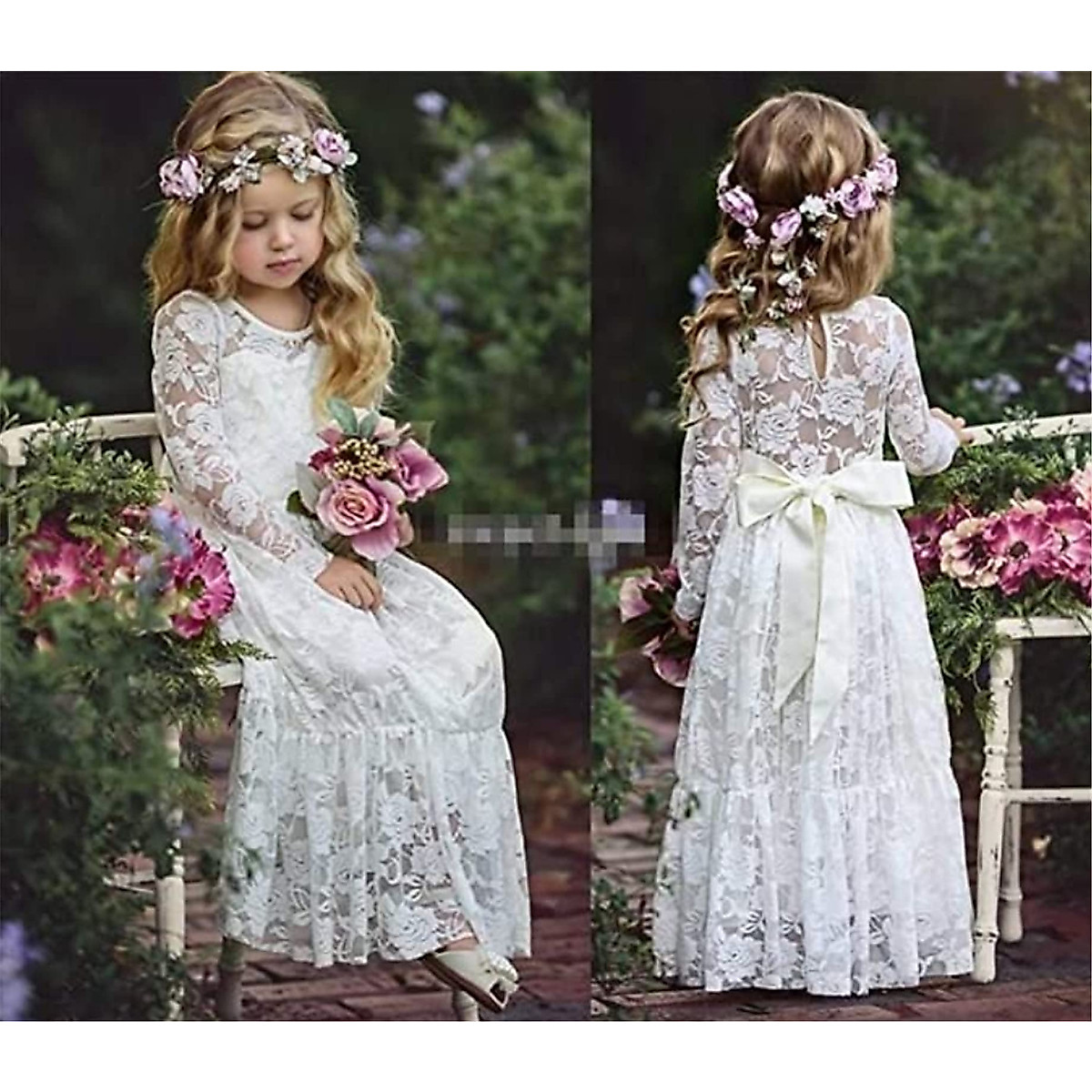 Toddler Flower Girl Fancy Ivory White Lace Boho Long Sleeve Full Length Slim Maxi Princess Dresses 4T