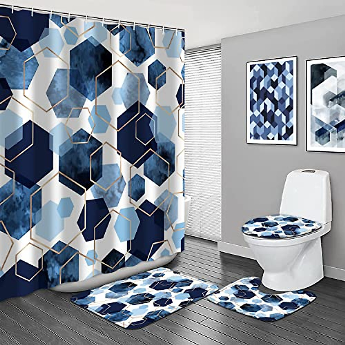 LQCOOL 4Pcs Blue Shower Curtain Set Modern Art Geometric Bathroom Set Navy Blue Abstract Bathroom Curtain Set with 12 Hooks, Bathroom Carpet Bath Mat and Toilet Rugs