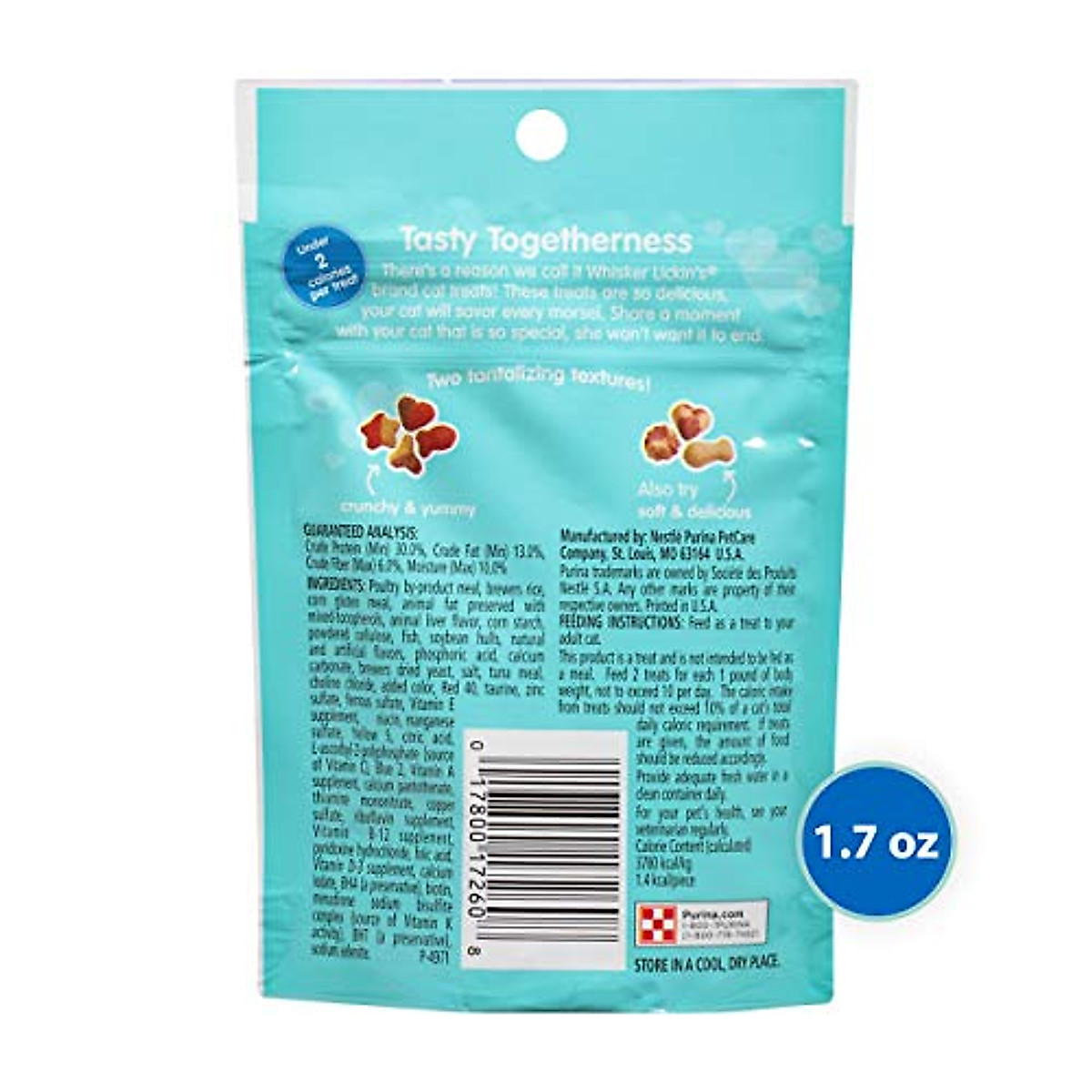 PURINA Whisker Lickin's Cat Treats, Crunchy & Yummy Tuna Flavor - 1.7 oz. Pouch, Blue/Green (00017800172622)