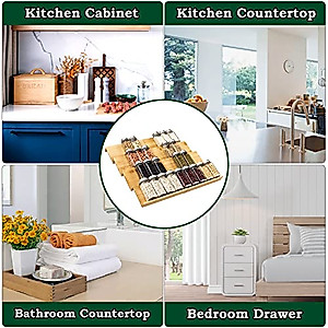 Spice Rack Organizer for Drawer, 8pcs Adjustable Expandable Kitchen Spice Rack Organizer, With Non-slip Sticker and 16 Labels, 4 Tiers Bamboo Spice Rack for Drawer, Cabinet, Countertop,18''W x16.5''D