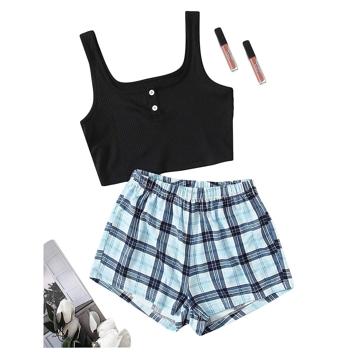 Verdusa Women's 2 Piece Outfits Crop Tank Top and Plaid Shorts Cute Loungewear Pajama Set Black Blue L