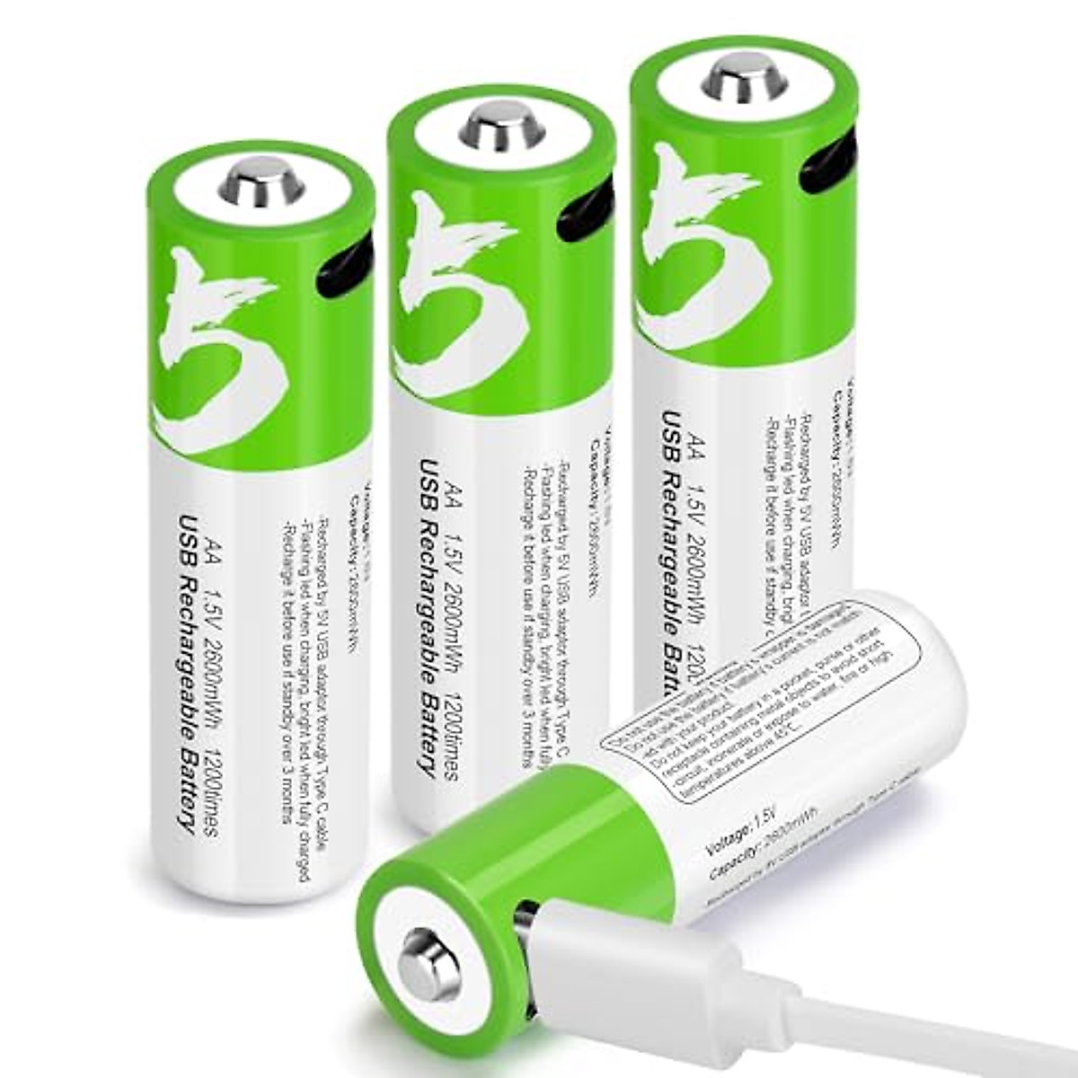 TEMIBATT Rechargeable Lithium AA Batteries,Double A Batteries 4 Pack, 2600mWh 1.5V Lithium Rechargeable AA Batteries 4-in-1USB-C Charging Cable for Household and Business Devices