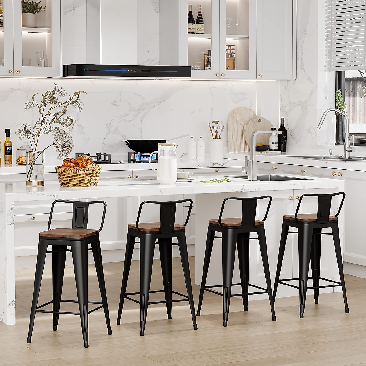Changjie Furniture 26 Inch Bar Stools Set of 4 Industrial Metal Barstools Counter Height Bar Stool with Backs for Home Kitchen (26 inch, Black)