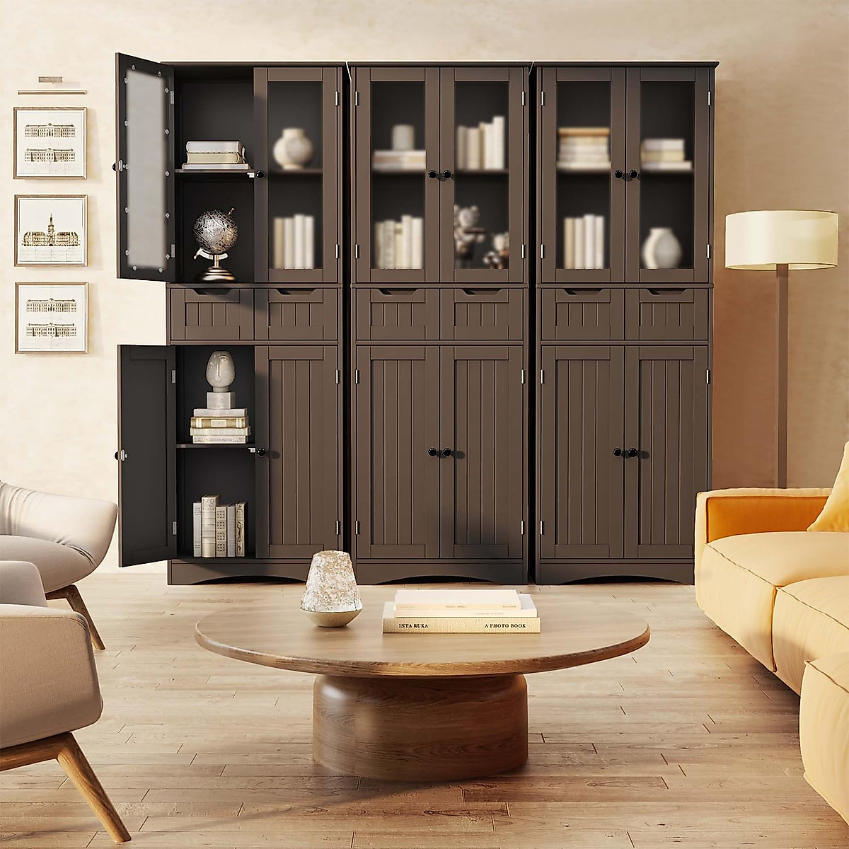 Gizoon 67" Tall Storage Cabinet, Freestanding Kitchen Pantry Cabinet with Glass Door & 2 Shelves & 2 Drawers, Stylish Linen Storage Cabinet for Home, Bathroom, Living Room, Office, Dark Brown