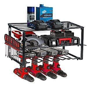 HomeBoo Power Tool Organizer, 4 Power Drill Holder Wall Mount, 3 Layers Heavy Duty Rack Metal Top Shelf, Garage Tool Organizer, Garage Storage Shelf, Father Day Gift