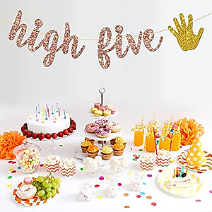 INNORU High Five Banner, Rose Gold Glitter Children 5th Birthday Party Decorations, 5th Birthday Garland Bunting, Boy Girl 5th Birthday Party Supplies