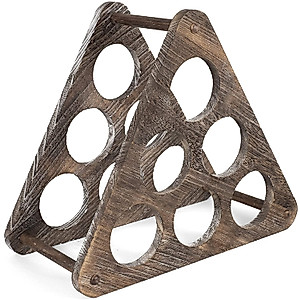 Rustic State Marche Countertop Wood Wine Rack Holder for 6 Bottle Storage Tabletop Triangle Design Freestanding Organizer - Home, Kitchen, Dining Room Bar Décor - Burnt Brown