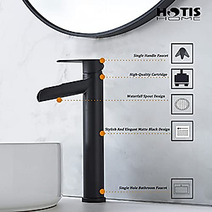 HOTIS Vessel Sink Faucet, Matte Black Waterfall Bathroom Faucet, Tall Body Single Hole Single Handle Bathroom Faucet, Bathroom Sink Faucet with Pop Up Drain and 3/8" Hoses Supply Line