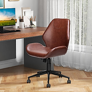 COSTWAY Armless Office Desk Chair, Mid-Back PU Leather Computer Task Chair with Rocking Back & Swivel Seat, Ergonomic Adjustable Leisure Chair with 5-Claw Metal Base for Home Office, Brown