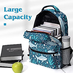 Dacawin Green Shark Kids Backpack for Boys Ocean Themed Backpacks Blue Lightweight Elementary Bookbags Durable Kindergarten School Bag for Student Girls Teens