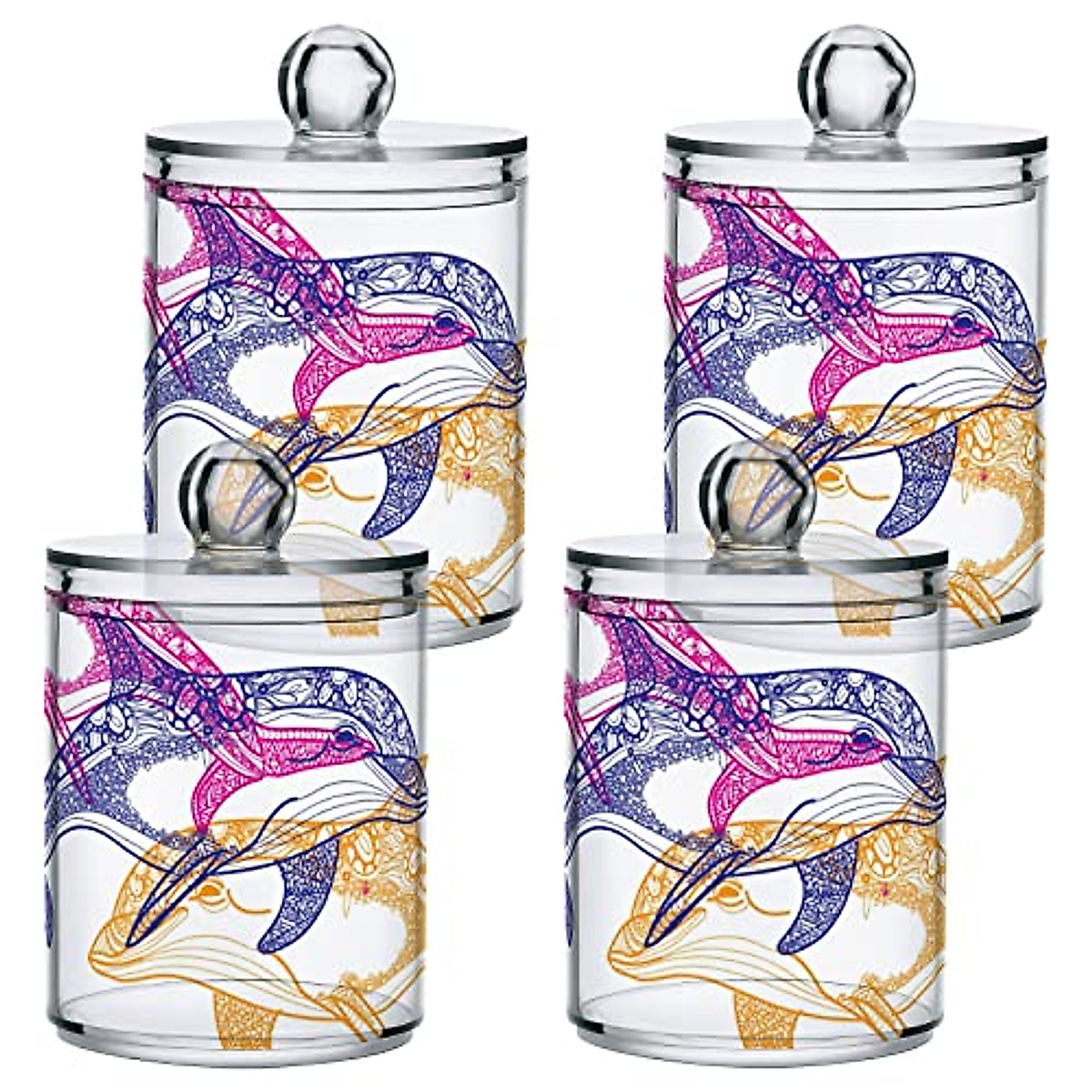 WELLDAY Apothecary Jars Bathroom Storage Organizer with Lid - 14 oz Qtip Holder Storage Canister, Three Bottlenose Dolphins Mandala Clear Plastic Jar for Cotton Swab, Cotton Ball, Floss Picks, Makeup