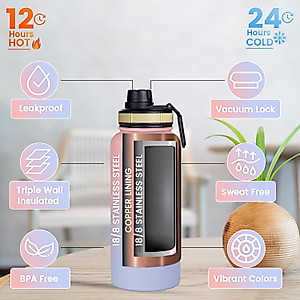 Lexlion Tea Infuser Bottle - Fruit Infuser Water Bottle 32 Oz, Triple Walled Insulated Stainless Steel Bottle, Thermal Leaf Infuser, Silicone Sleeve, 3 Lids Leakproof, Metal Mug Gallon