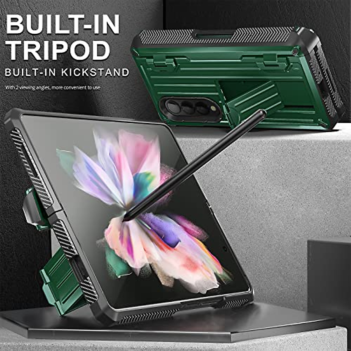 GooodiDEAR Galaxy Z Fold 3 Case, Heavy-Duty, Full Body Protection, Anti-Scratch, Slim - Foldable Trolley Case Built-in Pen Slot, Kickstand & Screen Protector - TPU/PC, Wireless Charging, Army Green