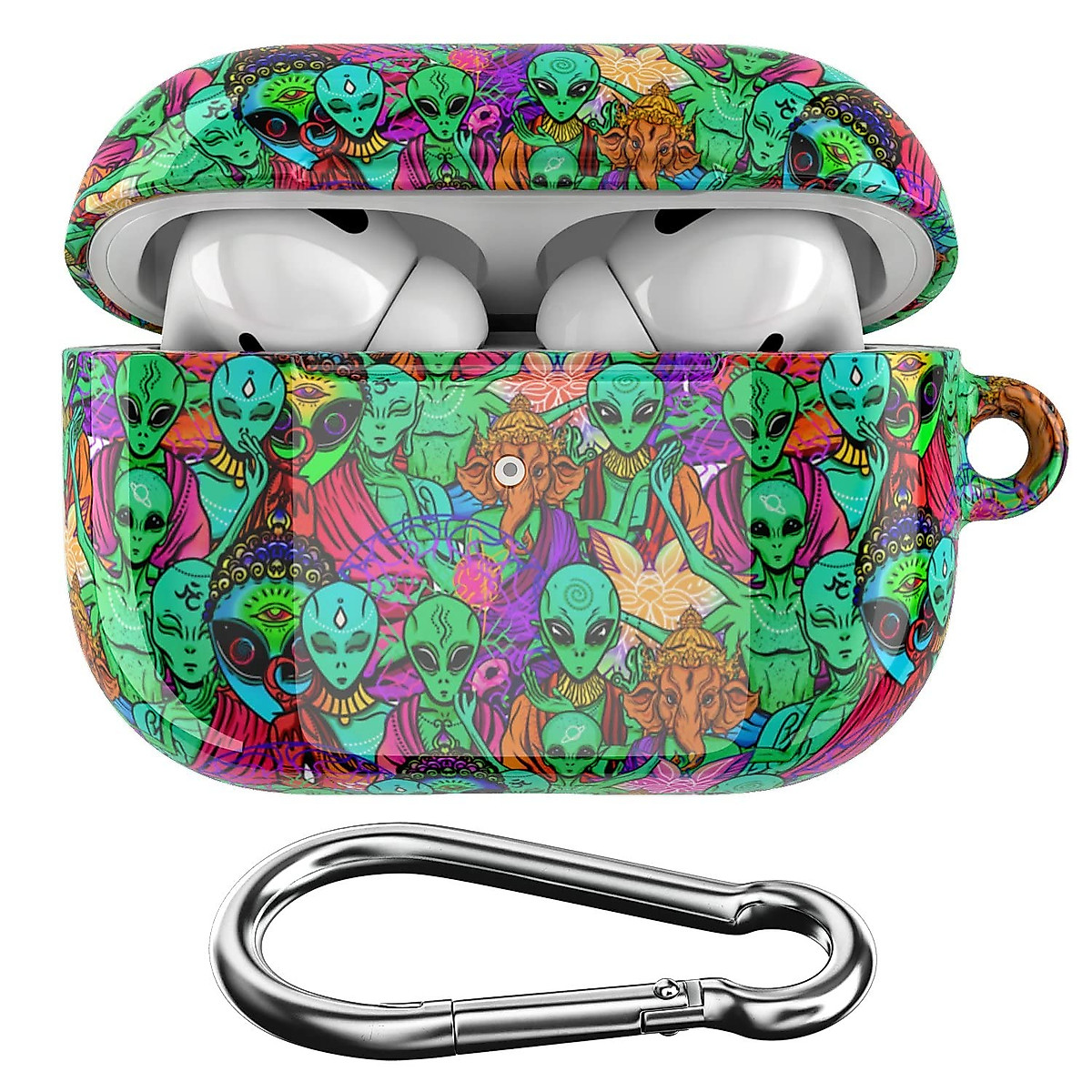 Hard Case Compatible with AirPods Pro 2 | AirPods Pro | AirPods 3 gen 2 1 with Keychain Green Aliens Design Buddha Plastic Boho UFO Psychedelic Portable Earpods Cover Protective Trippy Shockproof Hook
