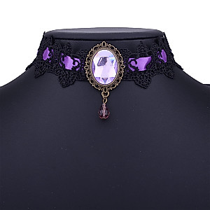 YERTTER Dainty Black Lace Crystal Choker Necklace Lace Gothic Choker for Women for Halloween Weeding Costume Party Prom Vampire Choker (Purple)