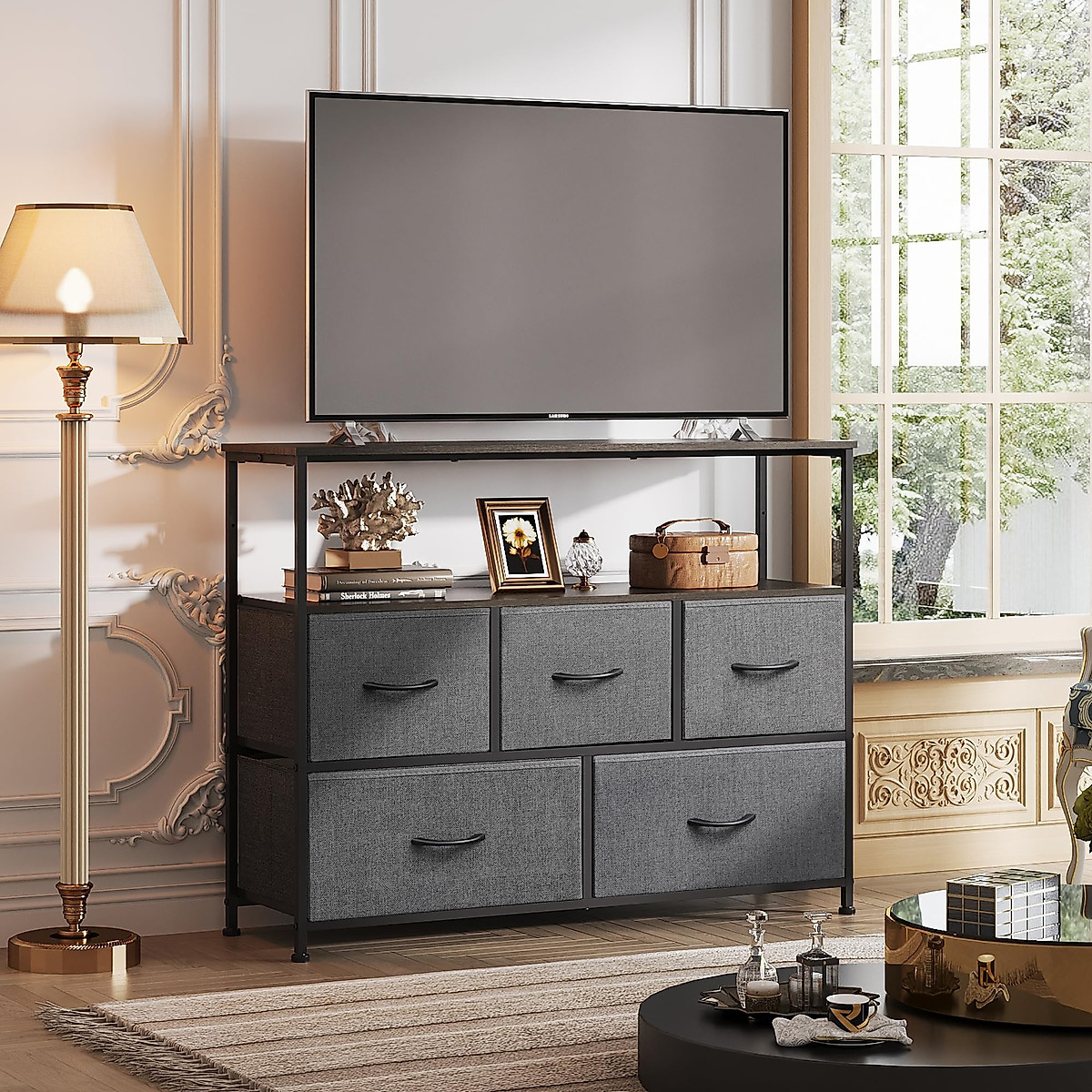 WLIVE Dresser TV Stand, Entertainment Center with Fabric Drawers, Media Console Table with Open Shelves for TV up to 45 inch, Storage Drawer Unit for Bedroom, Living Room, Entryway, Dark Grey