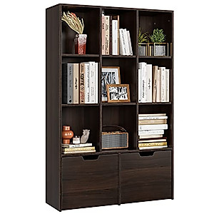 Senfot Bookcase 9 Cube, Modern Bookshelf Storage Cabinet with 2 Large Drawers, Free Standing Storage Organizer Book Shelves for Living Room, Office, Study, Brown