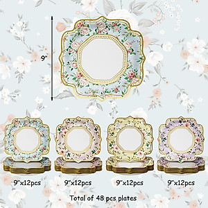 Eopelsm Floral Paper Plates Spring Tea Party Disposable Plates Tableware for Mother's Day Blossom Flower Fairy Garden Bridal Birthday Baby Shower Party Supplies, Pack of 48 (9 inch)