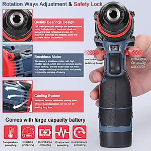 Vislone Cordless Drill 16.8V 2in1 Power Drill Drivers Lithium Electric Screwdriver Power Tool 45Nm Torque Brushless Motor LED Indicator Light with 2pcs 1300mAh Batteries and Charger