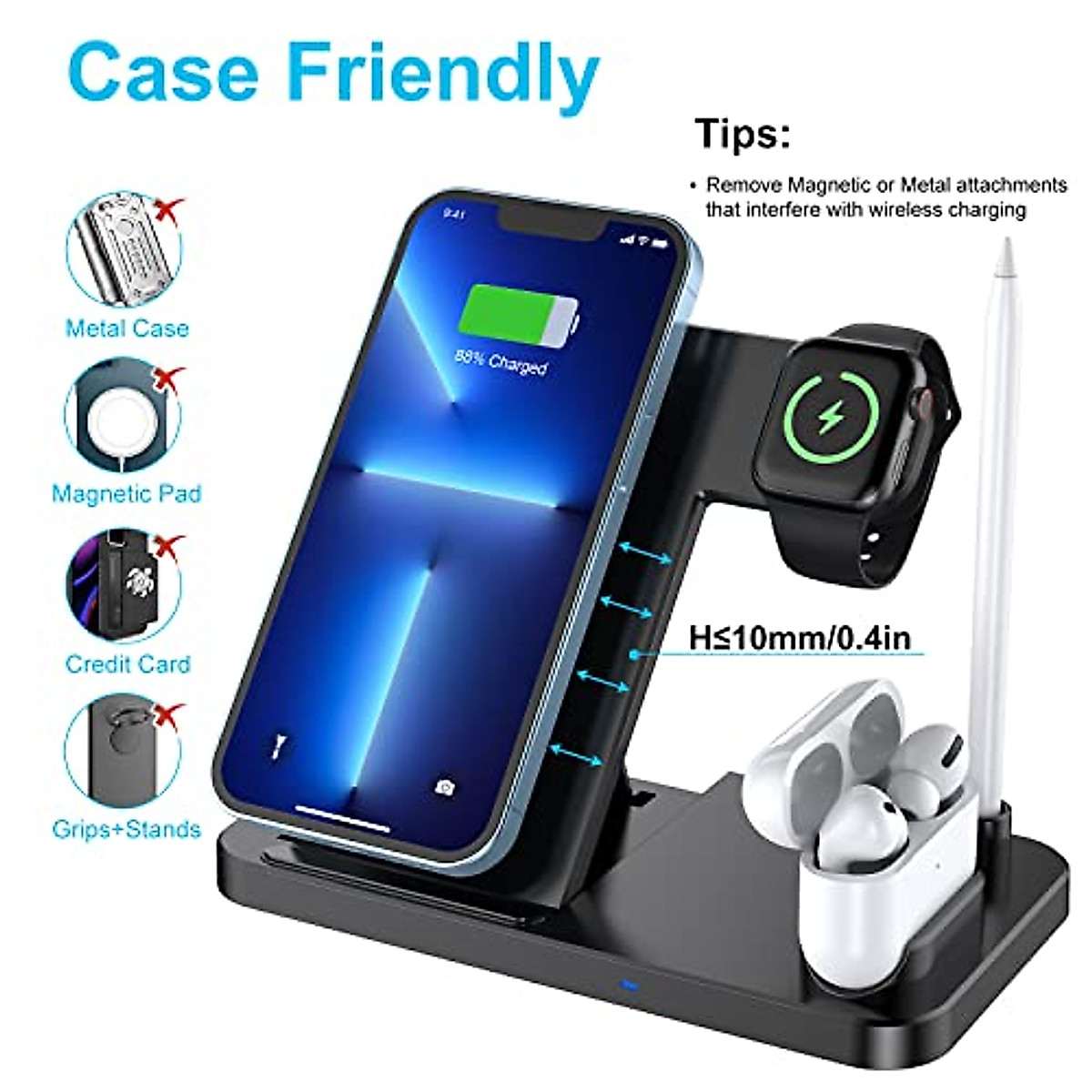 Wireless Charger, CANUVU 4 in 1 Foldable Fast Charging Station Compatible iWatch & AirPods & Apple Pencil, iPhone 14/13/12/11Series(Pro & Pro Max)/X/XS/XS/8, Android Phone(with QC3.0 Adapter)