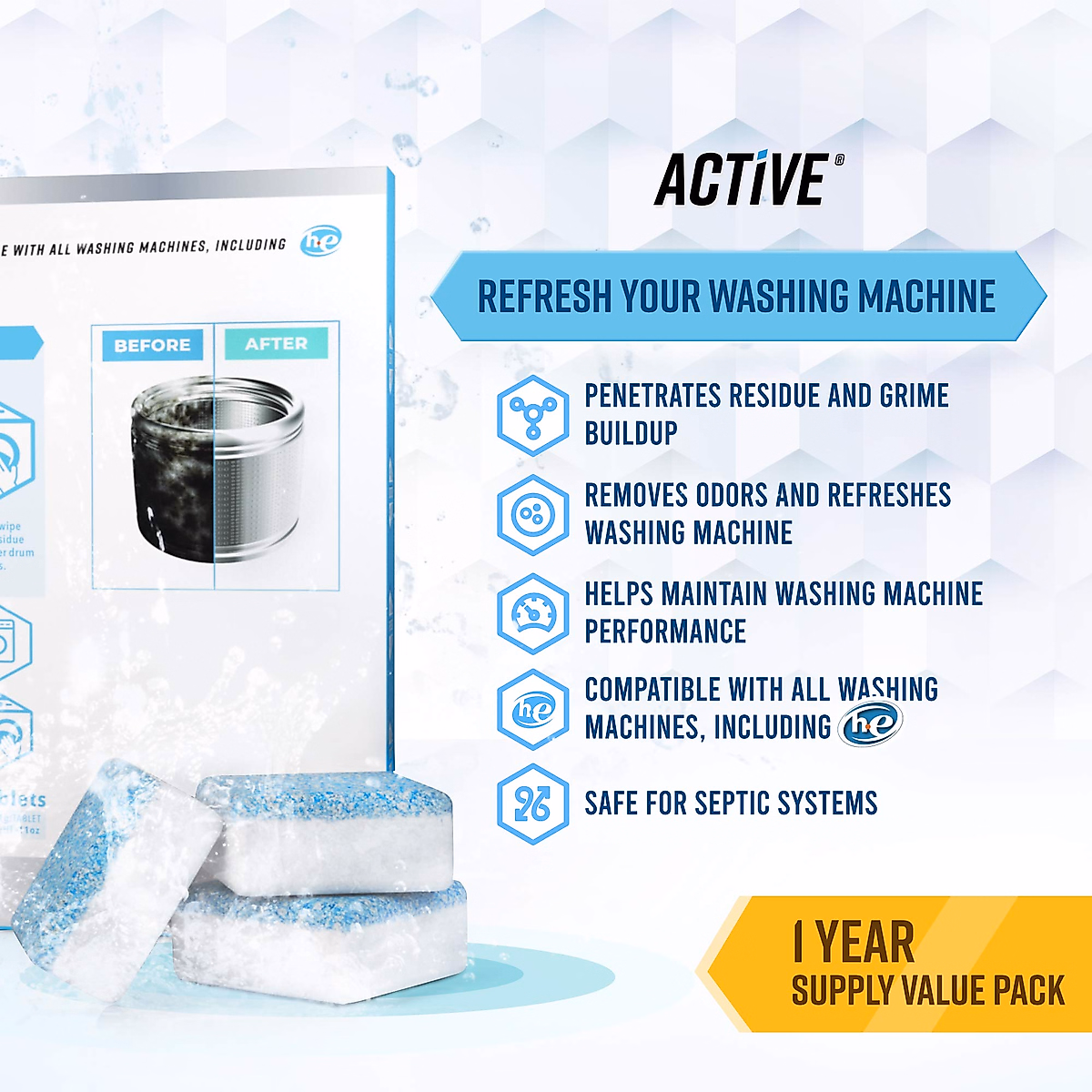 ACTIVE Washing Machine And Dishwasher Cleaning Tablets Bundle - Includes 12 Month Supply Dishwasher Cleaner Deodorizer & Washing Machine Descaler Deep Cleaning Tablets - 48 Tablet Combo