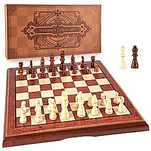 AMEROUS 15'' Magnetic Wooden Chess Set -Folding Board -2 Extra Queens -Chessmen Storage Slots -Gift Package, Travel Chess Board Game Sets for Kids and Adults