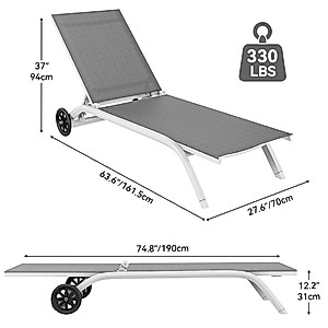YITAHOME Aluminum Chaise Lounge Outdoor, Widened Patio Lounge Chair with Wheels, 5-Position Adjustable Sunbathing Recliner for Poolside, Backyard, Lawn (Grey)