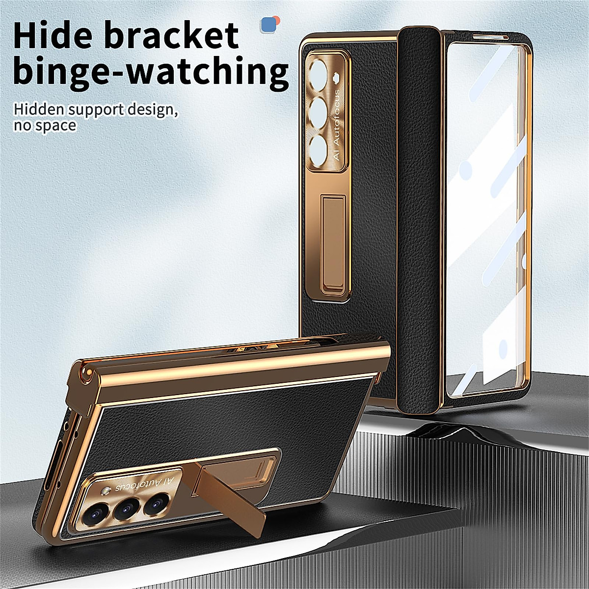 Upgraded Case for Samsung Galaxy Z Fold 5 2023, Magnetic Hinge Protection Built-in S Pen Holder & Built-in Screen Protetctor & Stylus Luxury Electroplated Leather Case,Black 2