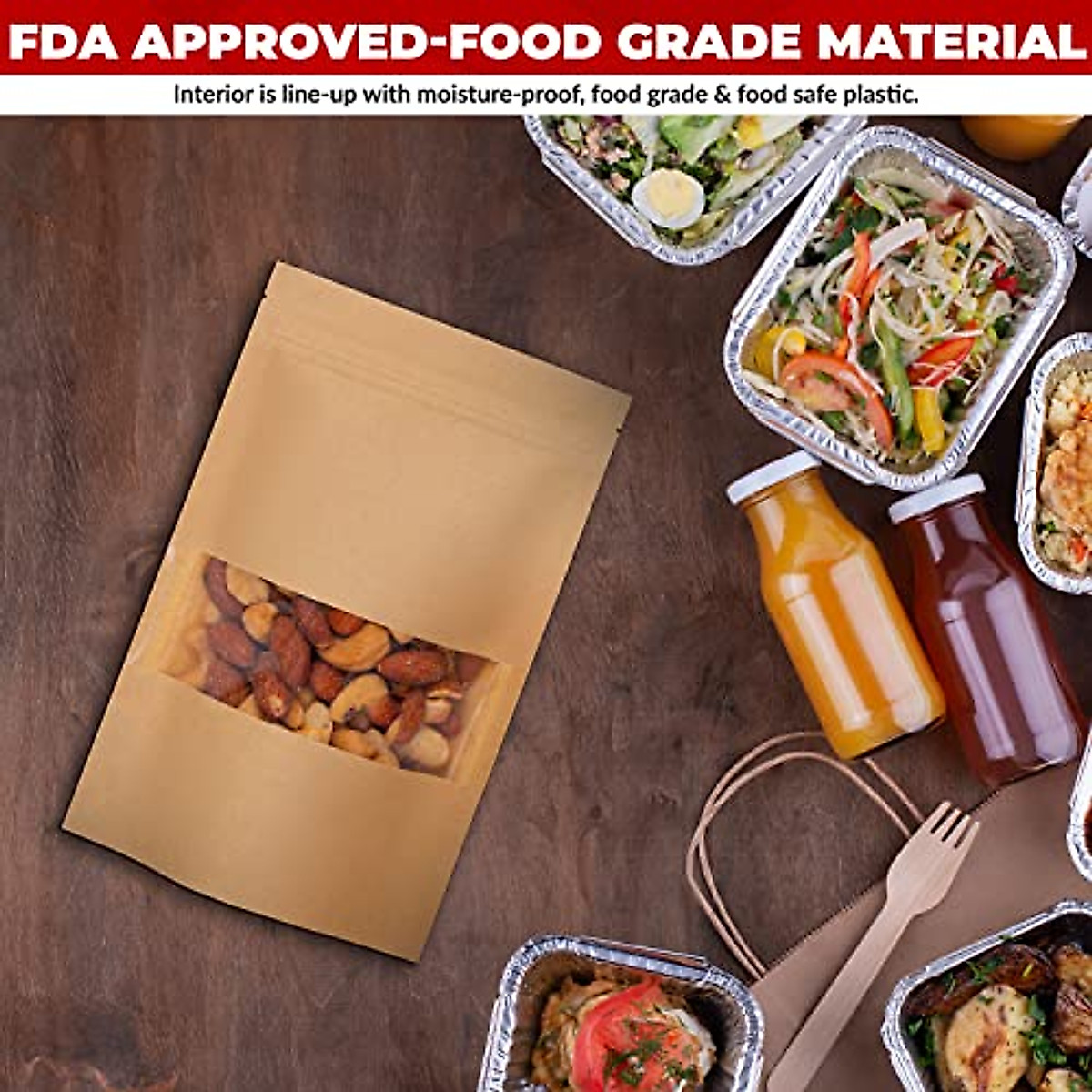 75- Pcs Bulk Heat Sealable Bags for Packaging - Food Grade Zip Stand Up Kraft Bags with Window - Resealable Waxed Paper Pouch Bags for Selling Products (12cm x 20cm) - (4.7" x 8") - 6oz