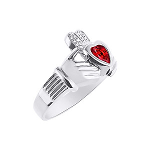 Rylos Rings 14K White Gold Claddah Love, Loyalty & Friendship Heart 6MM Gem Irish Wedding Band Claddagh Rings July Ruby Jewelry Size 8