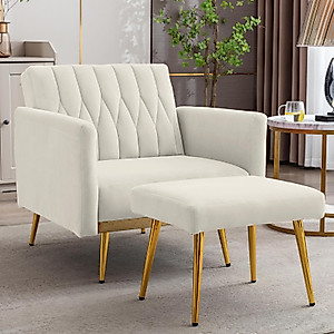 TTGIEET Velvet Accent Chair with Ottoman, Modern Upholstered Tufted Armchair, Comfy Single Sofa Chair Side Chair with Golden Metal Legs& Adjustable Arms for Living Reading Room Bedroom Office (Cream