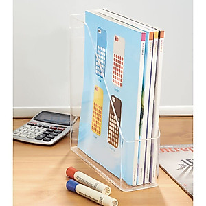 mDesign Plastic Slim Vertical File Folder Bin Storage Organizer with Handle - Hold Notebooks, Binders, Envelopes, Magazines for Home Office, Work Desktops, Ligne Collection, Clear