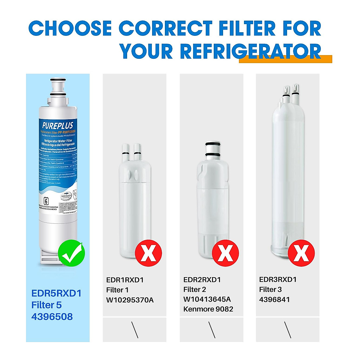 PUREPLUS 4396508 Refrigerator Water Filter, Replacement for EDR5RXD1, EveryDrop Filter 5, 4396510, 4392857, Kenmore 46-9010, 9085, LC400V, WF-NLC240V, RFC0500A, WF285, W10186668, 3Pack