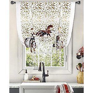 Autumn Thanksgiving Tie Up Curtains for Window, Fall Pumpkins Gold Leaves White Thermal Insulted Balloon Shade Adjustable Rod Pocket Curtains Valance Panels for Kitchen Bathroom Café 42 x 63