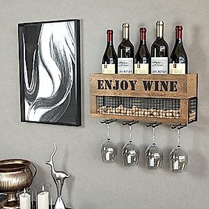 J JACKCUBE DESIGN Wine Rack Wall Mounted Wine Decor, 5 Wine Bottle Storage Shelf with 4 Stemware Wine Glass Holder Organizer, Cork Storage Display for Kitchen, Home Bar - MK450A