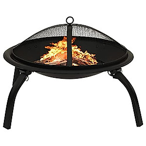 2-in-1 Fire Pit and BBQ,22" Wood Burning Firepit,Three-Legged Folding Steel Brazier,Outdoor Stove Bowl with Spark Screen Cover,Cooking Grid and Fire Poker, for Outside Camping Patio Garden-Black2