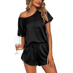 Ekouaer Short Pajamas for Women Silky Sleepwear Set Shorts Satin Nightwear Pyjamas Black M