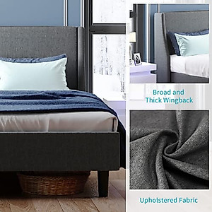 CECER Full Size Bed Frame, Modern Bed Frame with Upholstered Headboard & Broad Wingback Wooden Slat Support, No Box Spring Needed - Dark Grey